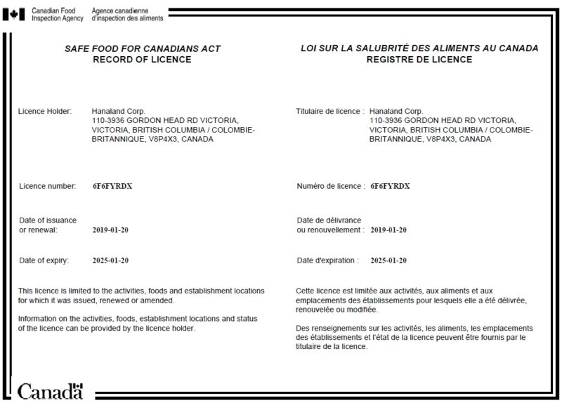 Canada Food Import Licence – HanaLand